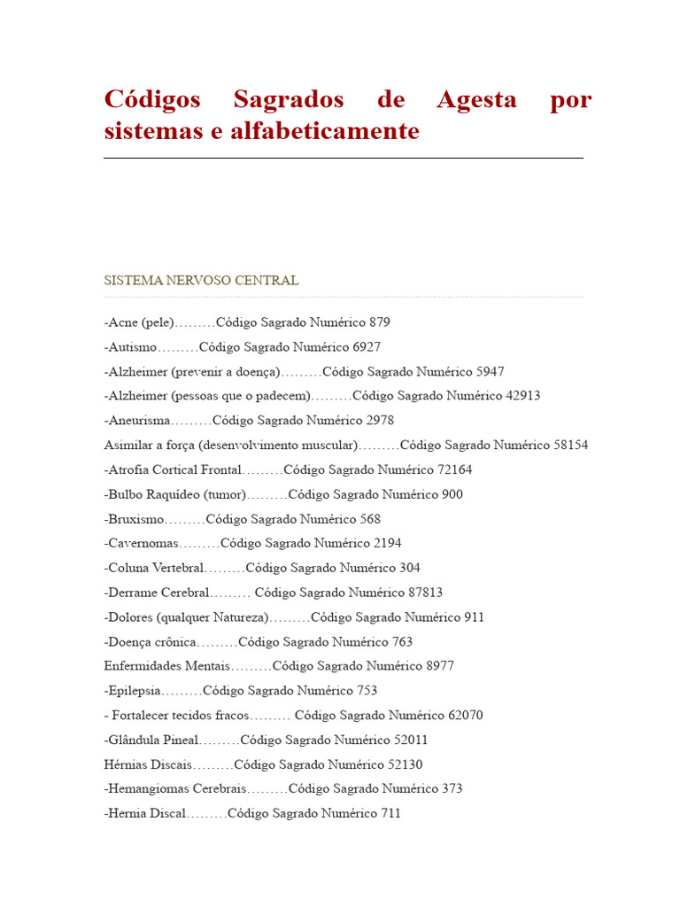Códigos Sagrados de Agesta por Enfermedades | PDF