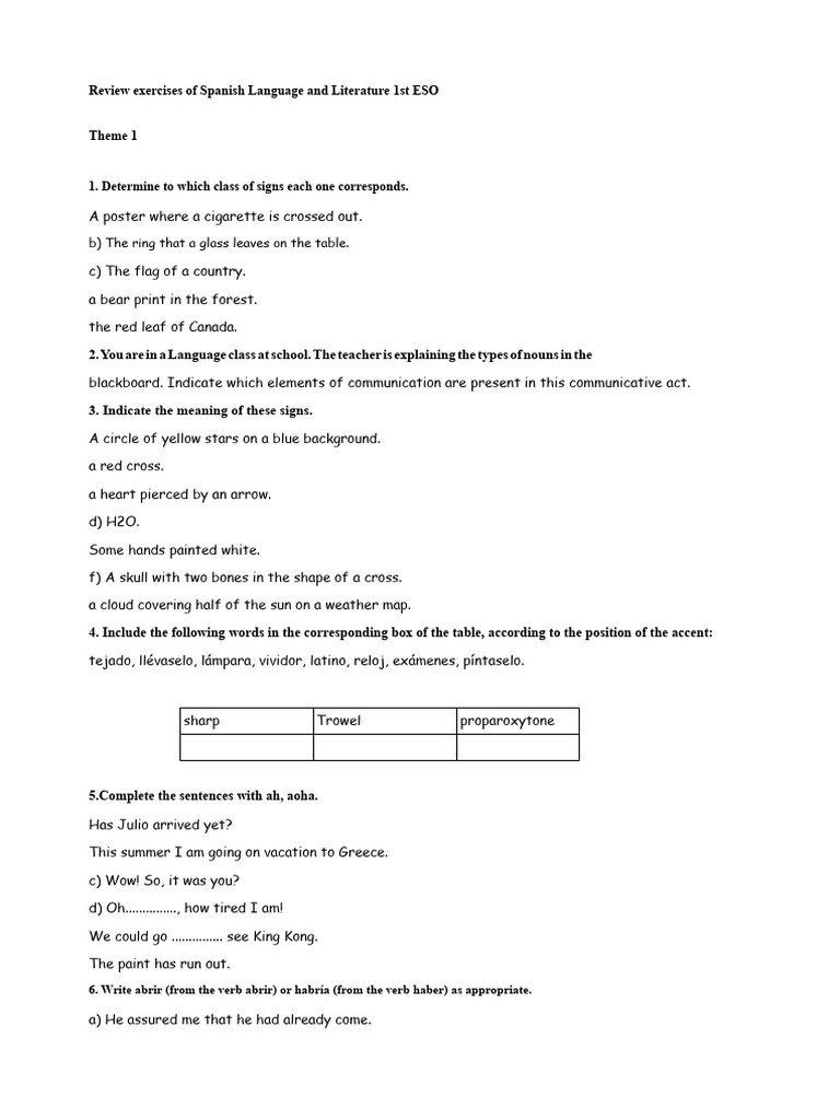 Review Exercises of Spanish Language and Literature 1st ESO - Odt | PDF ...