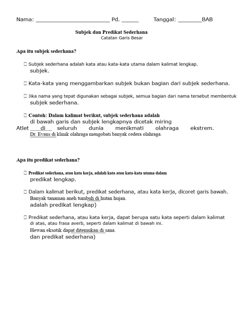 Subjek dan Predikat Sederhana dalam Kalimat | PDF