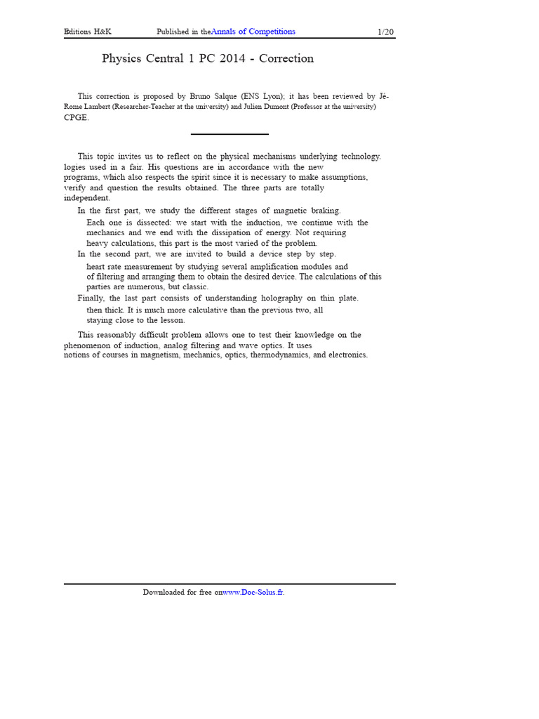 PC_PHYSIQUE_CENTRALE_1_2014.extract | PDF | Physics | Electric Current