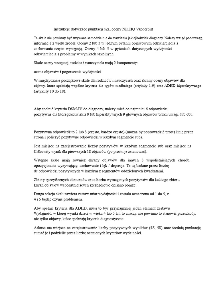 Instrukcje Do Interpretacji Skali Vanderbilt | PDF