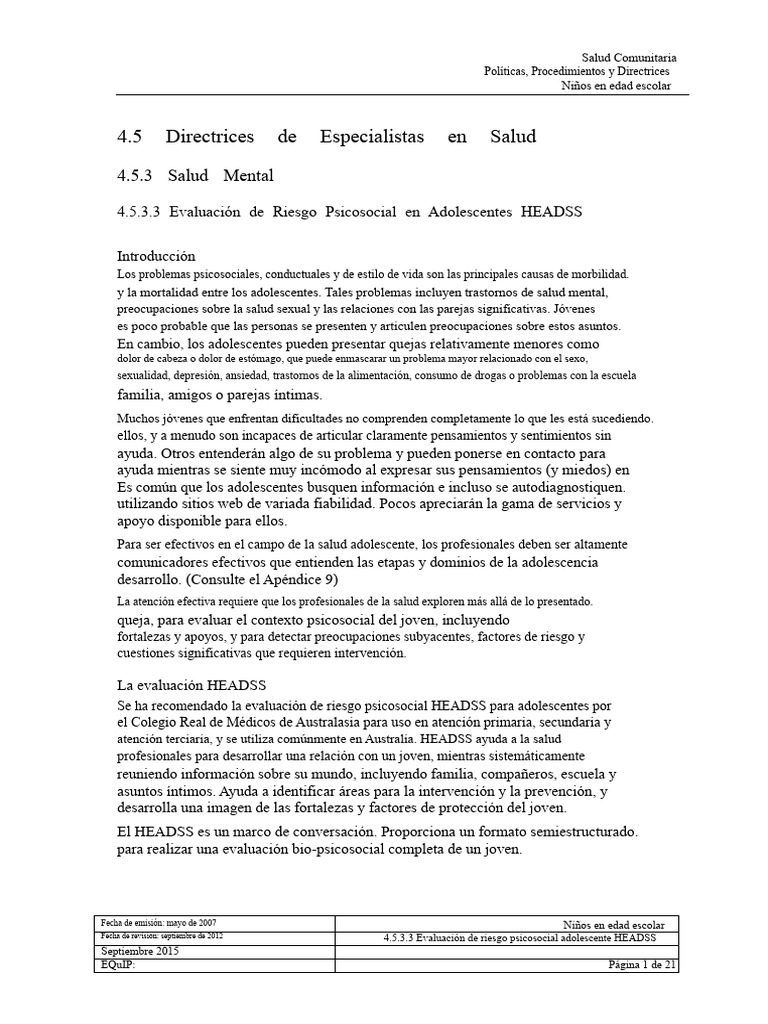 Evaluación HEADSS en Adolescentes | PDF | Desorden alimenticio | Abuso ...