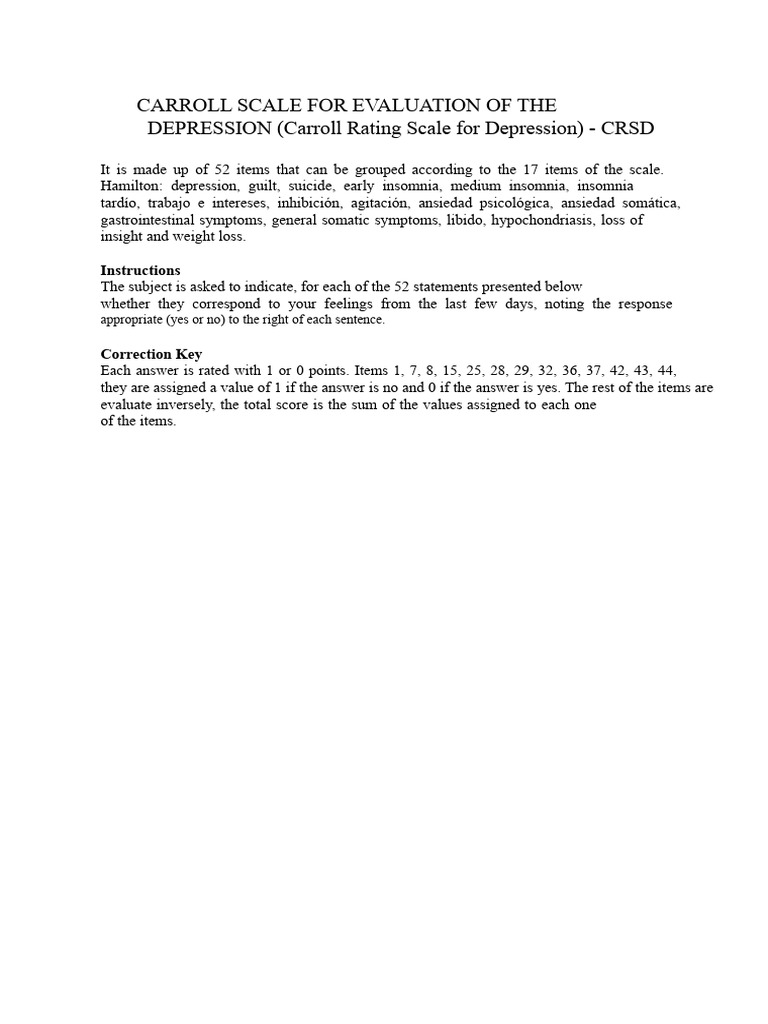 Carroll Depression Scale Evaluation | PDF | Major Depressive Disorder ...