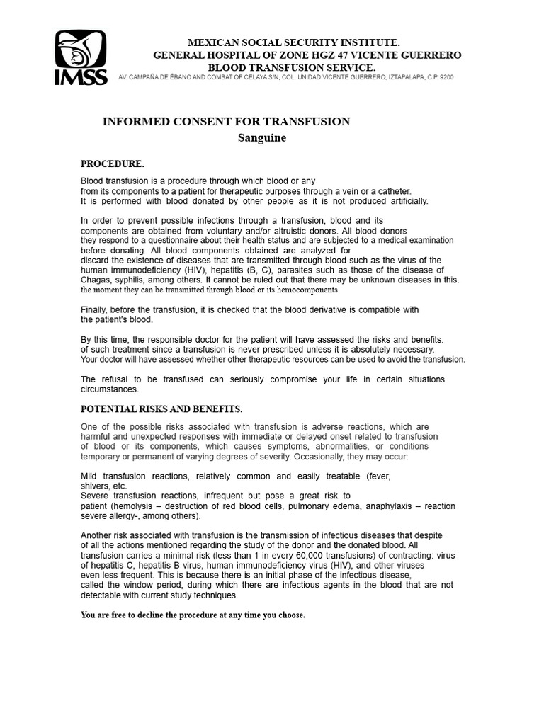 INFORMED CONSENT hgz47 Transfusion | PDF | Blood Transfusion | Blood ...