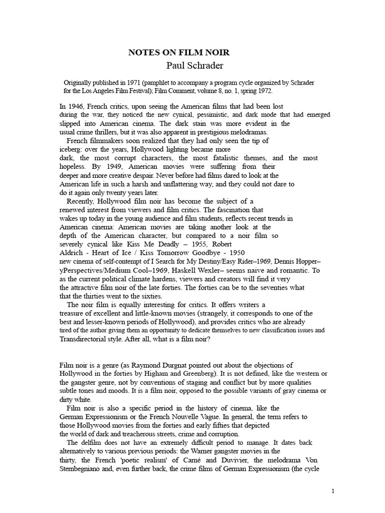 Paul Schrader's Film Noir Analysis | PDF | Film Noir | Sociology