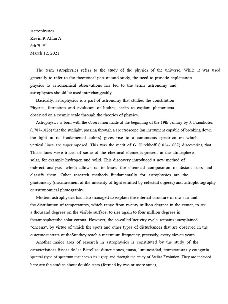 6th B. Astrophysics Essay | PDF | Astrophysics | Stars