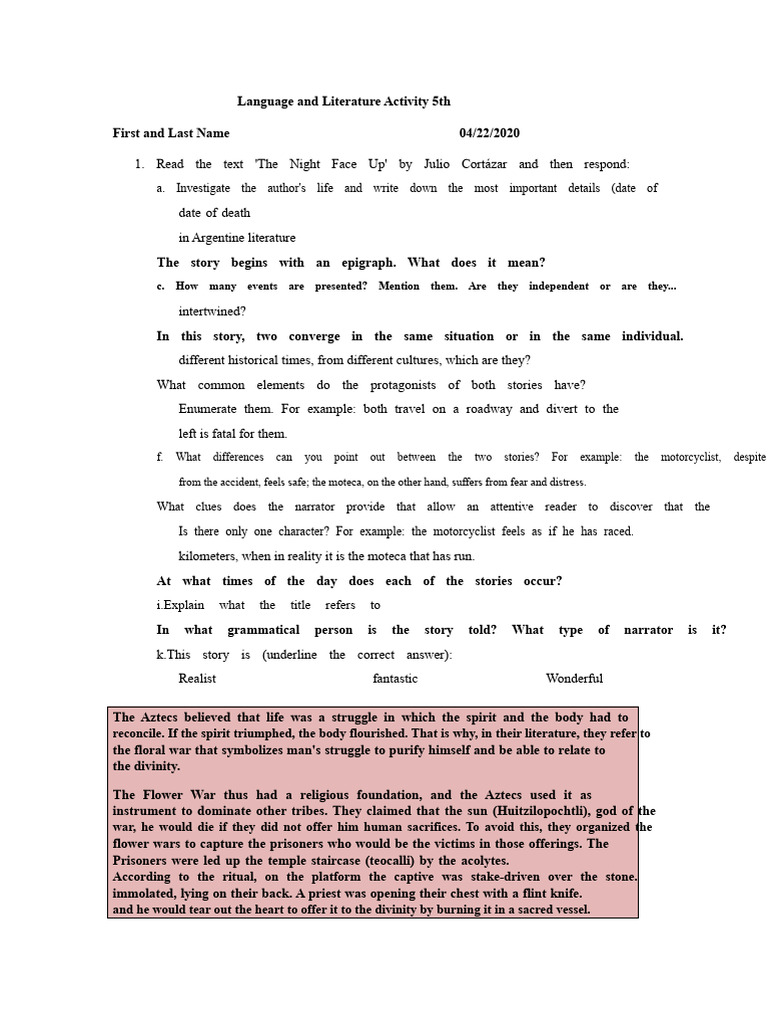 5th - Language and Literature Activity - The Night Face Up | PDF