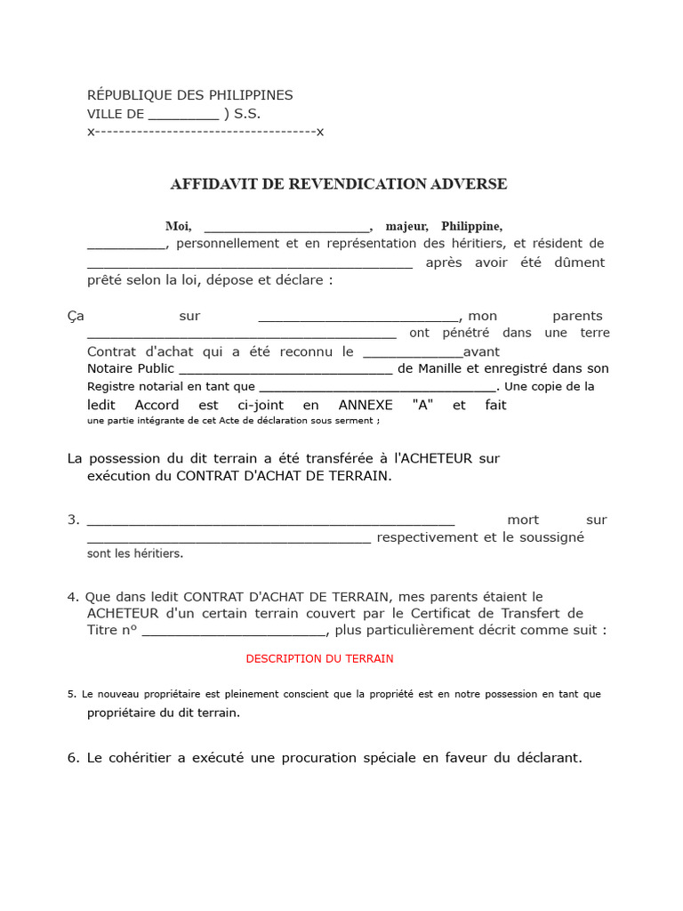 Affidavit de revendication adverse | PDF