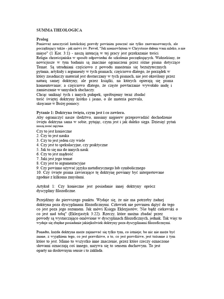 Summa Teologiczna (Streszczenie) | PDF