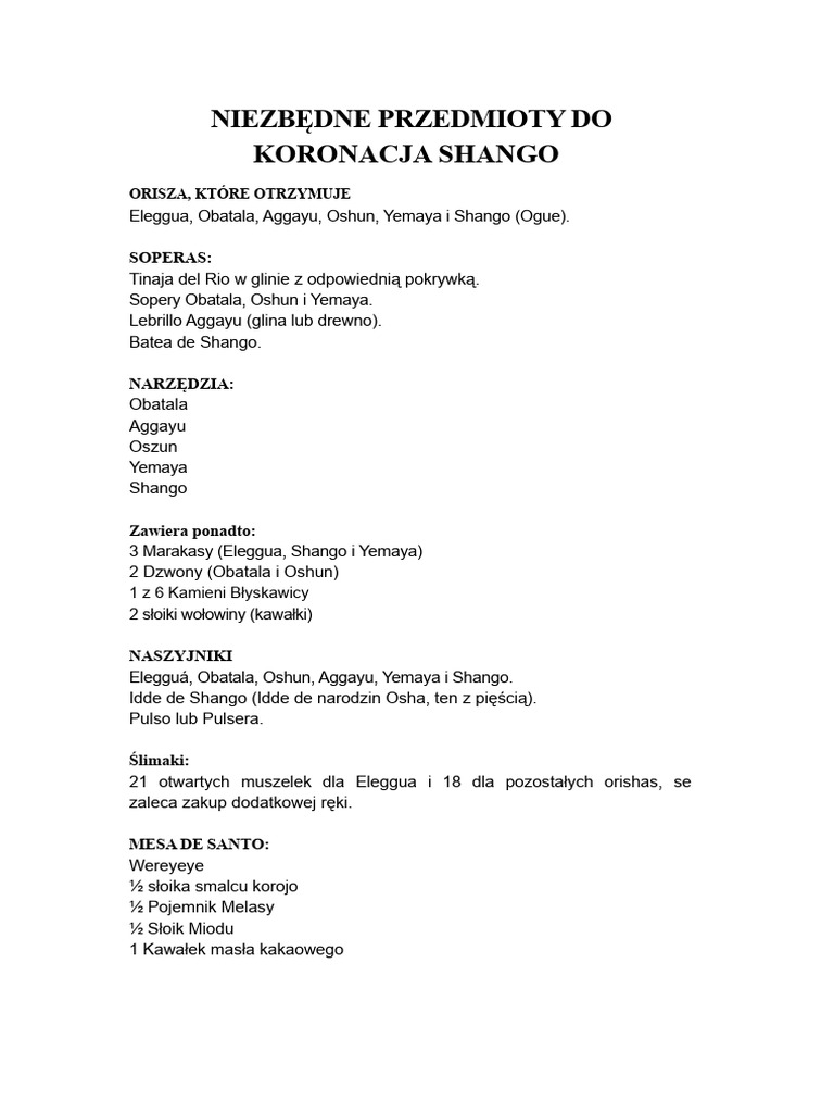 Niezbędne Przedmioty Do Koronacji Shango | PDF