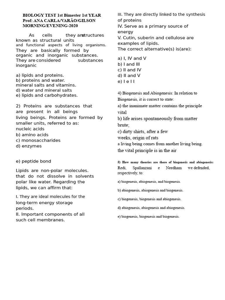 BIOLOGY TEST 1st Semester 1st YEAR | PDF | Abiogenesis | Proteins