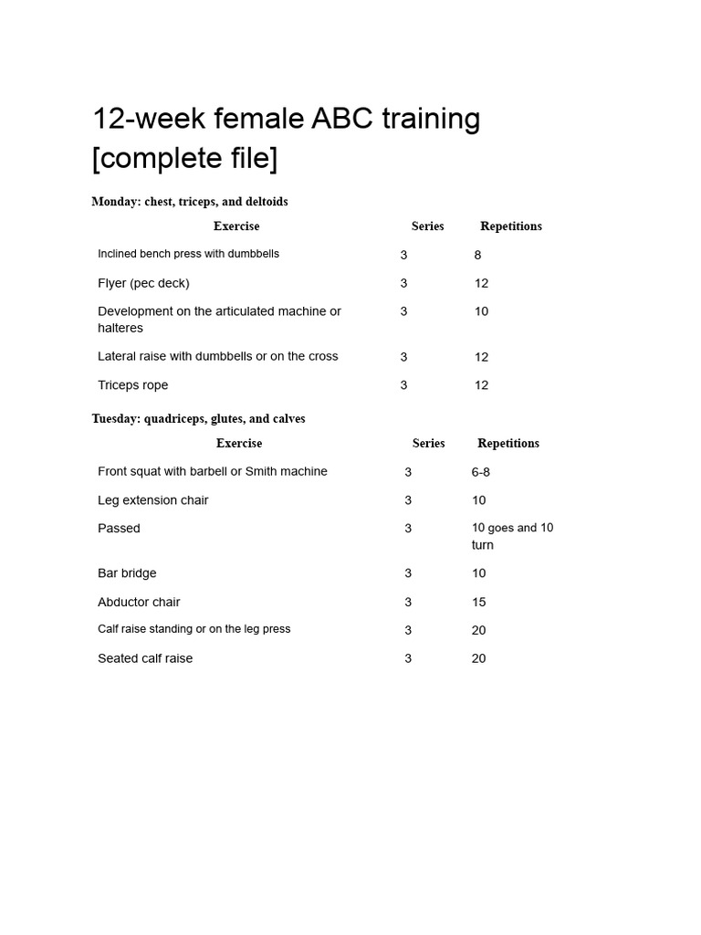 12-Week Female ABC Training Plan | PDF | Weight Training | Strength ...