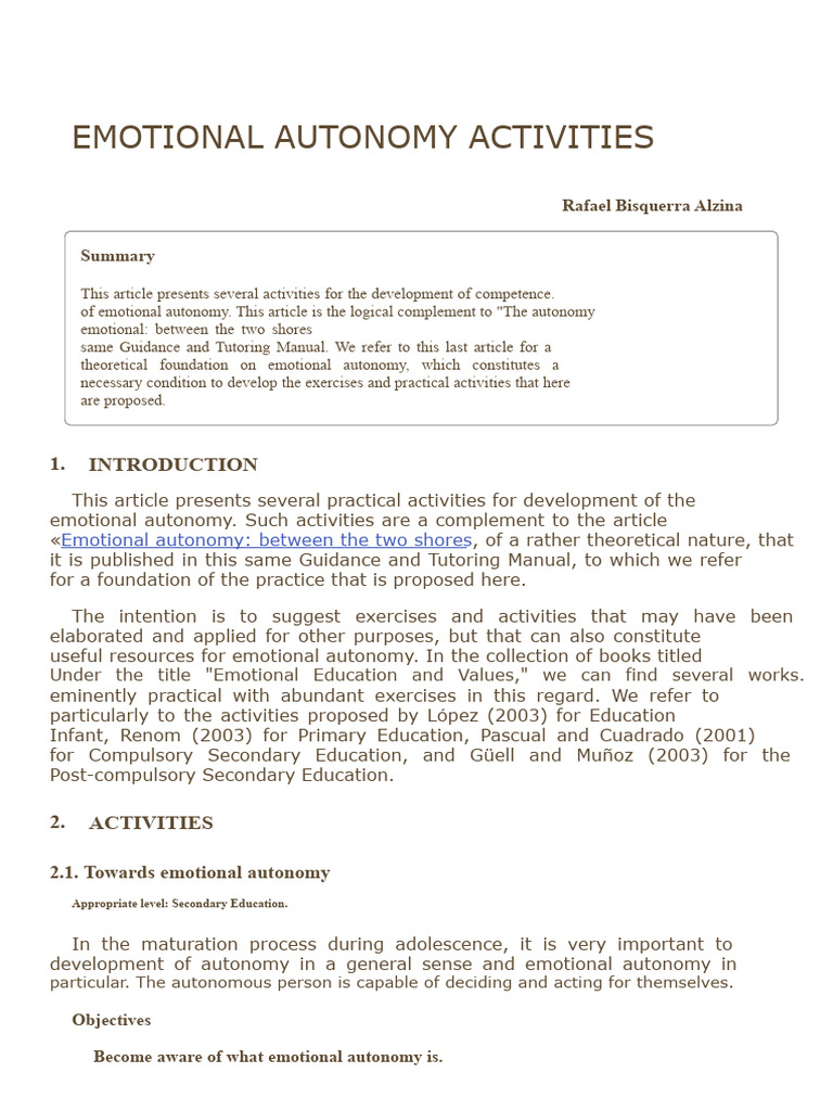 Activities for Developing Emotional Autonomy | PDF | Autonomy | Reason