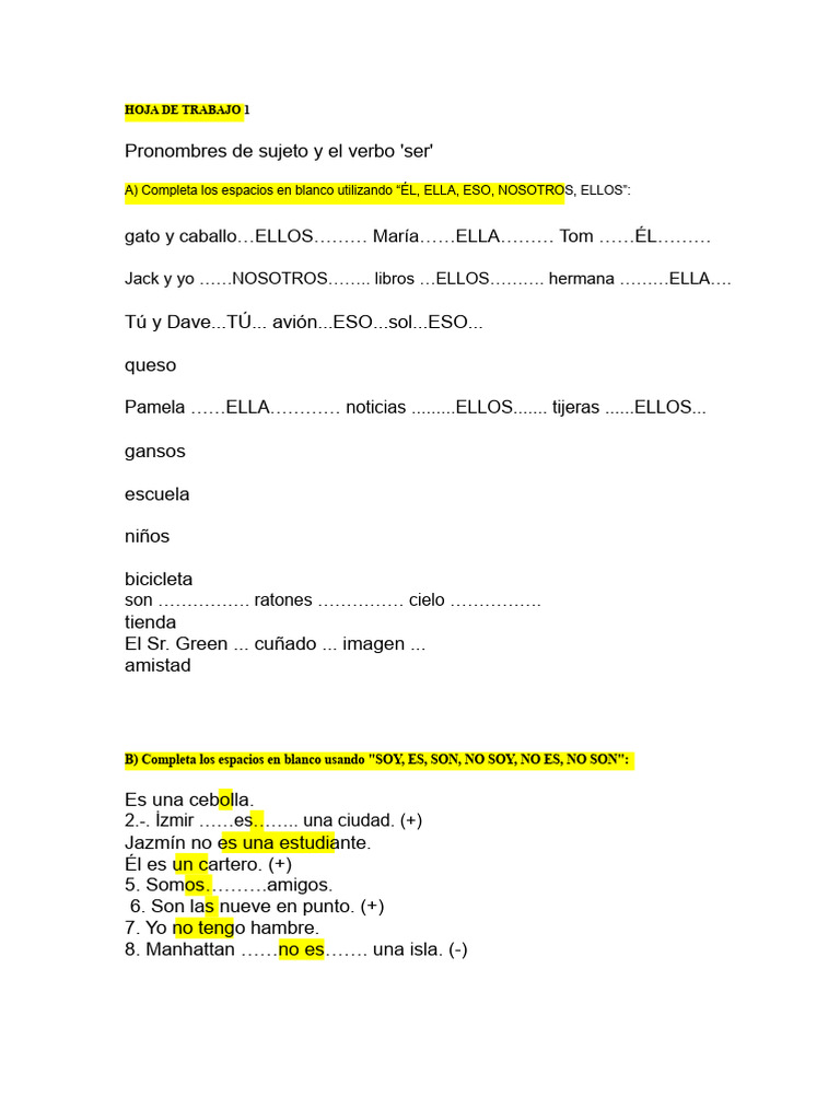 Pronombres y verbo 'ser' en español | PDF