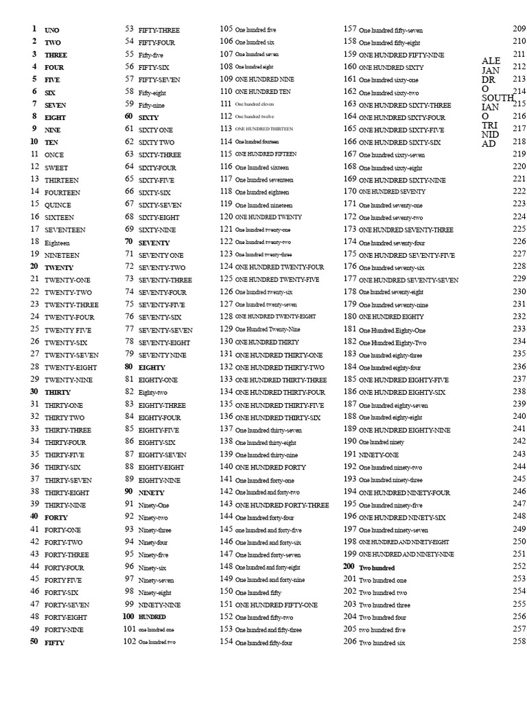 Number List from 1 to 400 | PDF