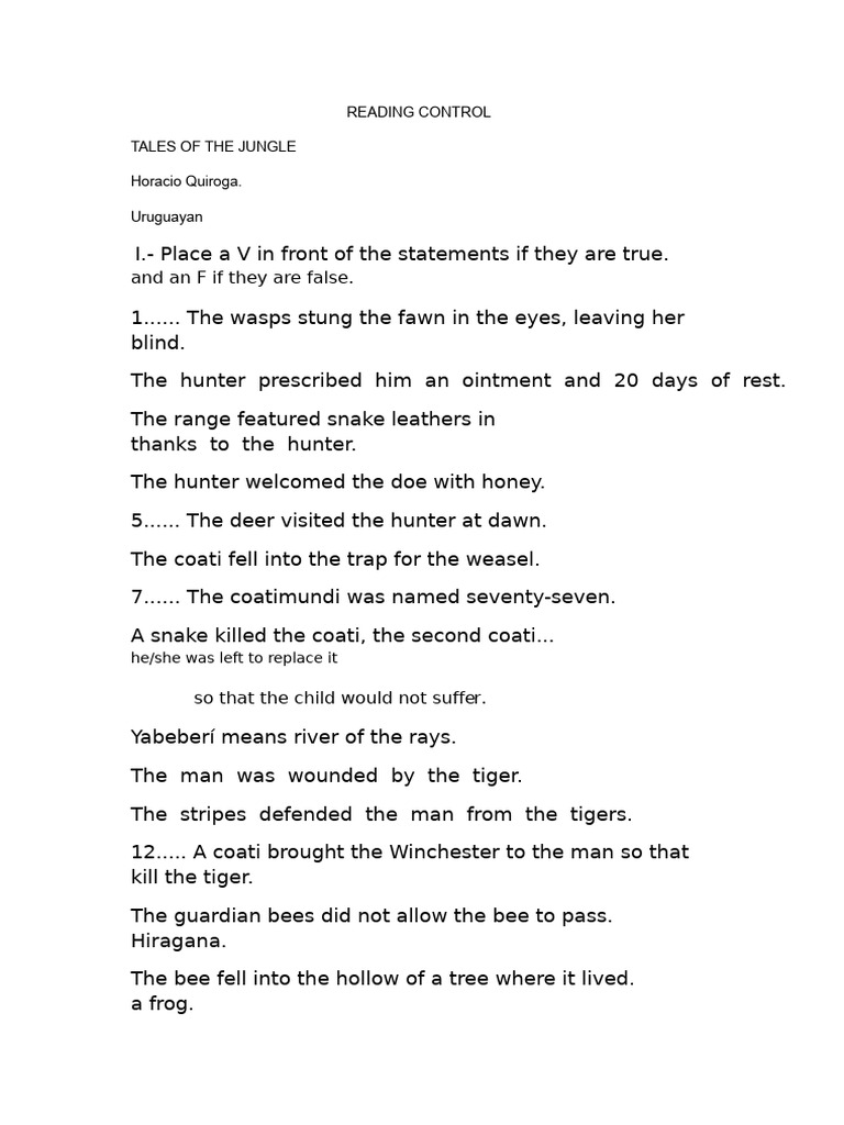 Jungle Tales Reading Comprehension Guide | PDF
