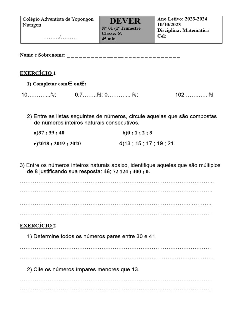 DEVER DE MATEMÁTICA 6º ANO | PDF