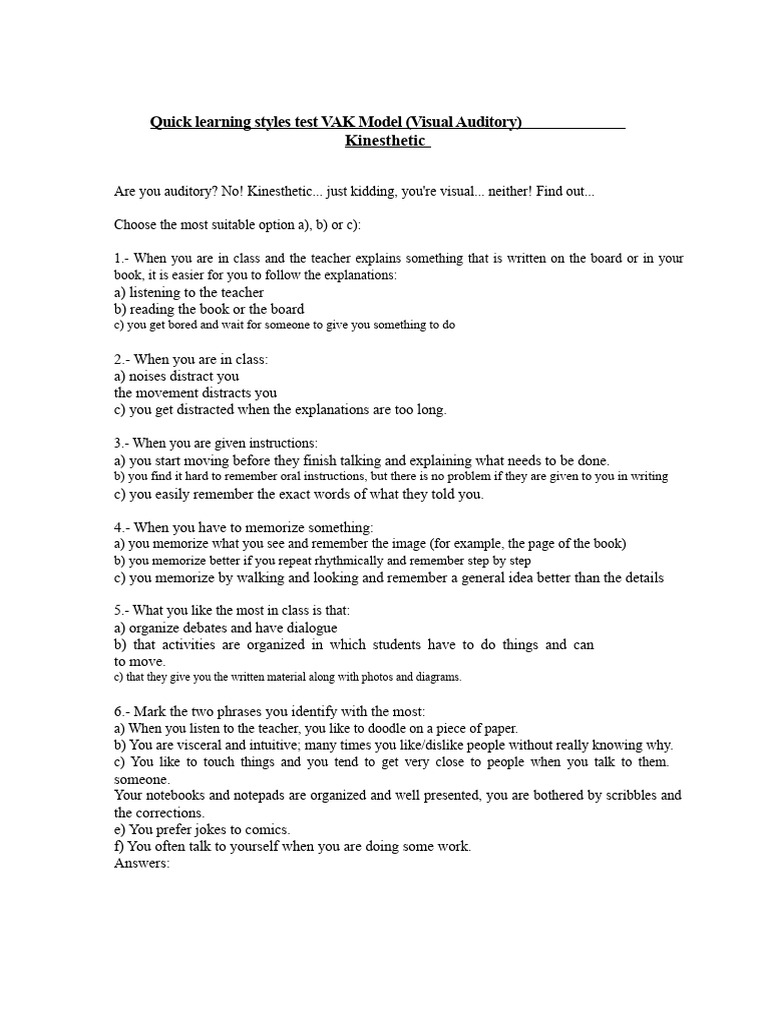 VAK Learning Styles Test Quiz | PDF