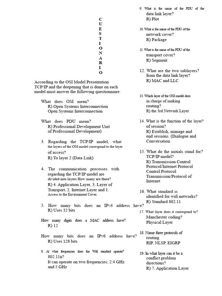 OSI Model Questionnaire TCP/IP | PDF | Osi Model | Internet Protocol Suite