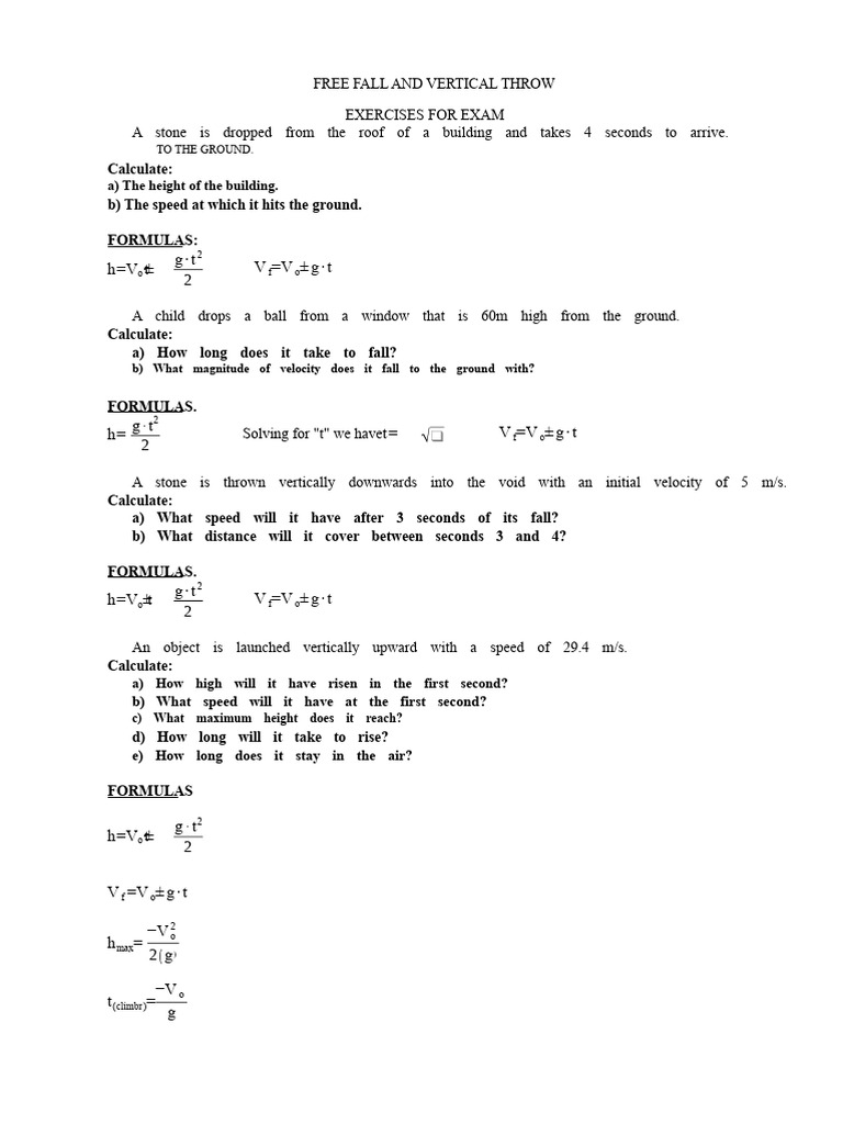 Free Fall and Vertical Throw Exercises | PDF