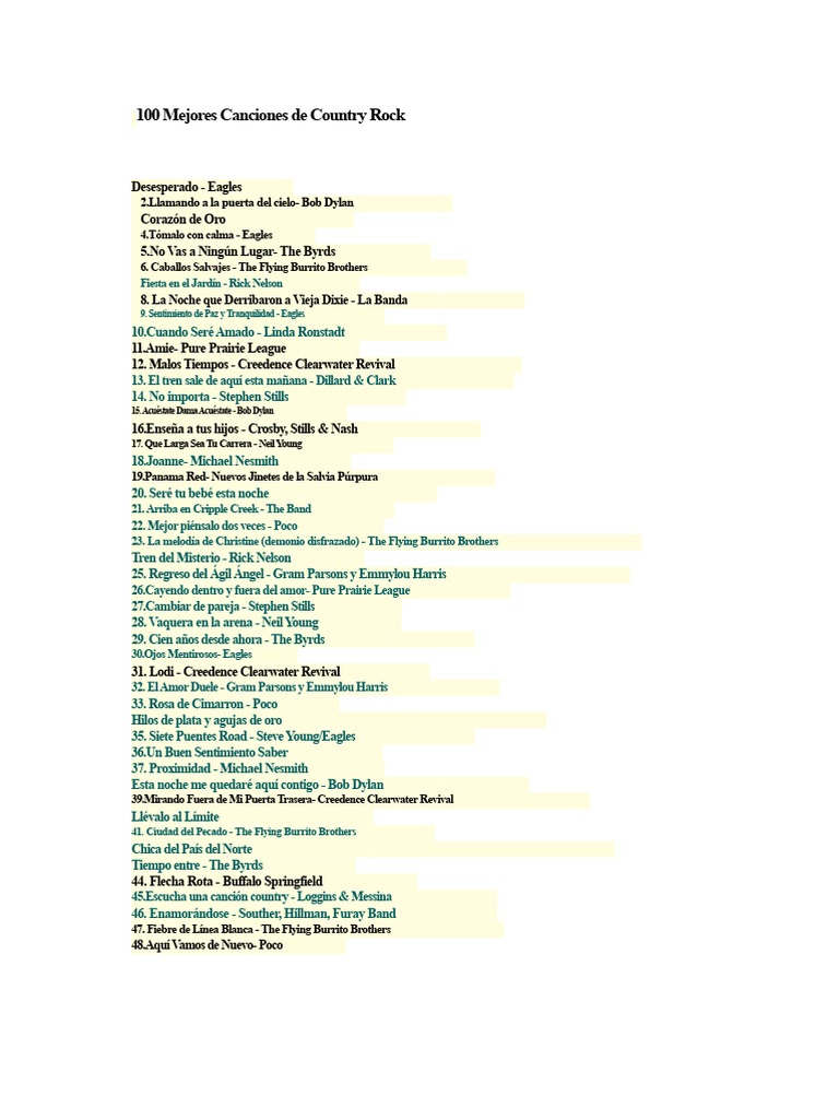 Mejores Canciones de Country Rock | PDF | Música Folk Americana ...