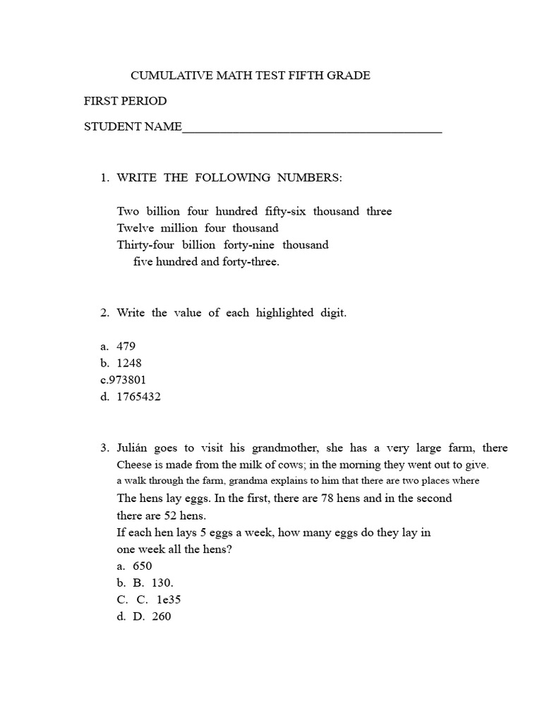 Cumulative Math Test Fifth Grade | PDF