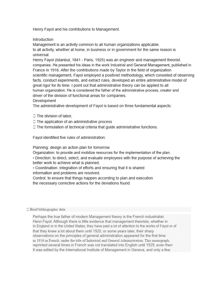 Henry Fayol and His Contributions To Management | PDF | Theory | Business