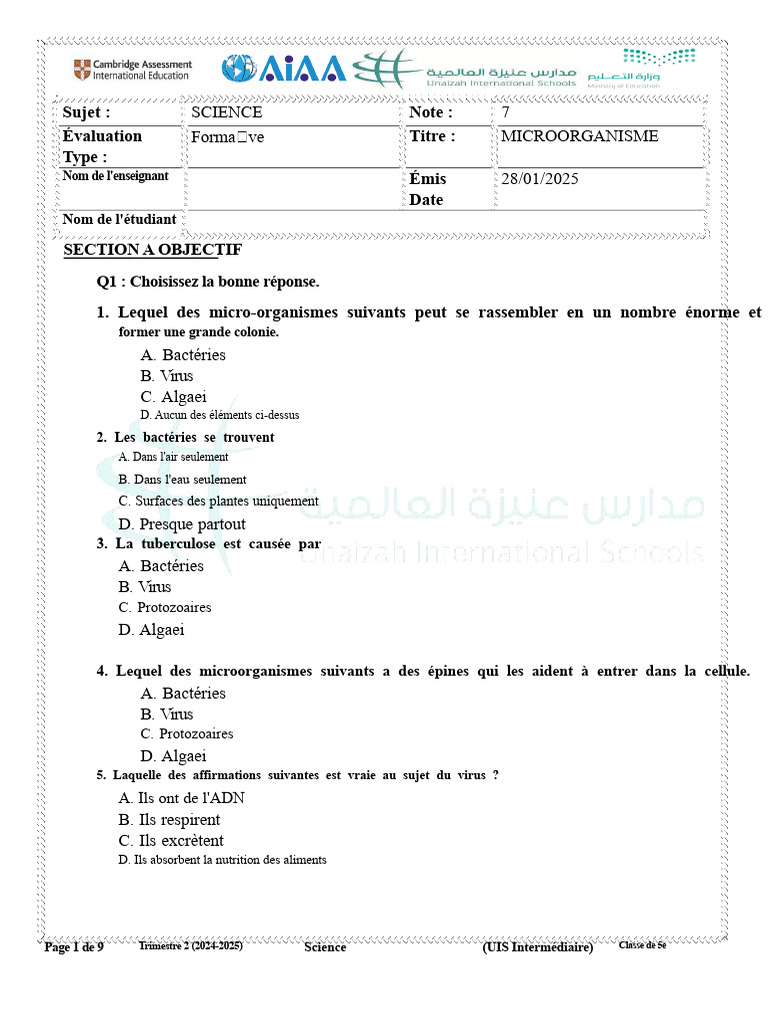 Chap 4 Feuille de Travail Sur Les Micro-Organismes 1 | PDF | Micro-organisme | Bactérie
