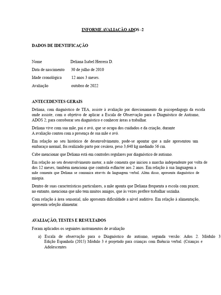 RELATÓRIO DE AVALIAÇÃO ADOS Deliana | PDF | Autismo | Psicoterapia