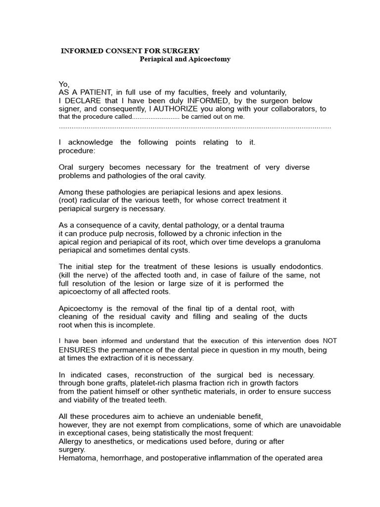 Informed Consent For Apical Surgery | PDF | Dentistry | Medical Specialties