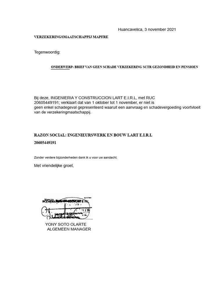 Brief Van Geen Sinister October Voor Verzekering Mapfre Lart Eirl | PDF