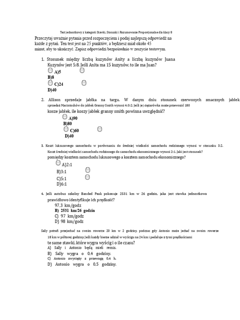 Klasa 8 Stawki I Proporcje | PDF