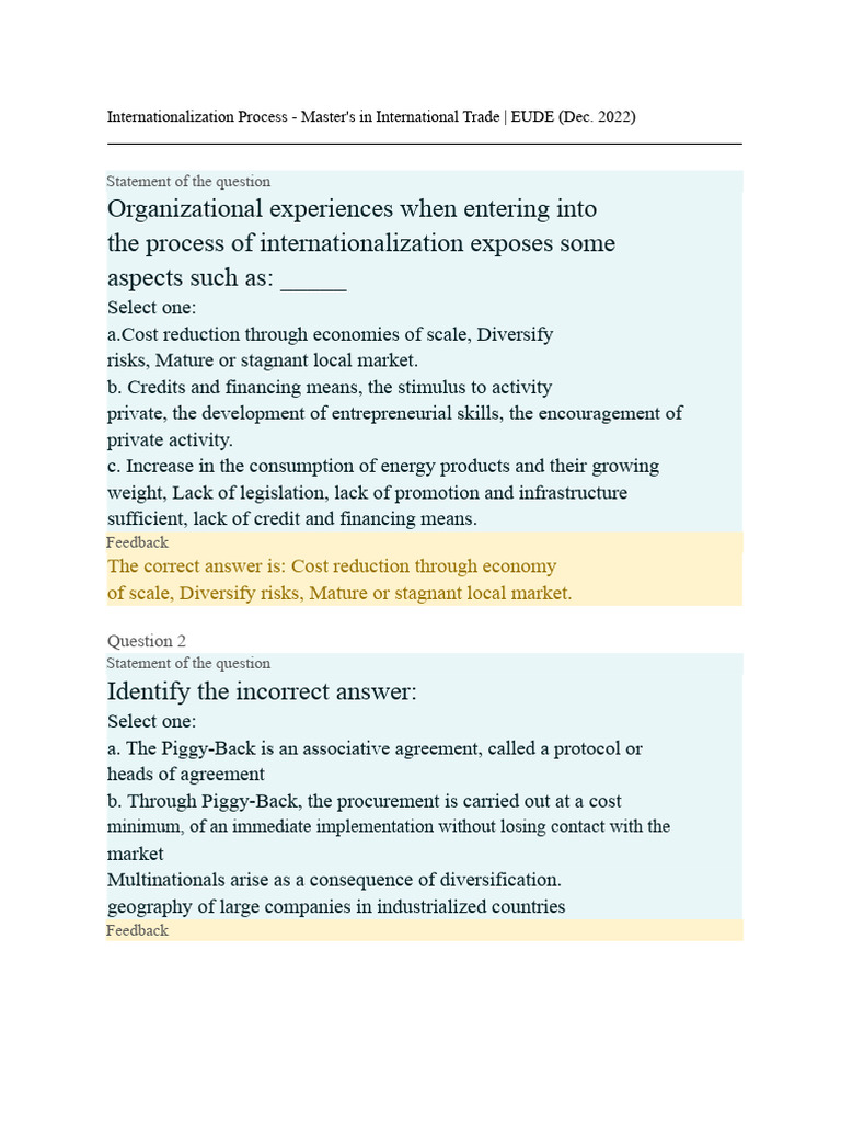 Internationalization Process Exam - EUDE | PDF | Internationalization | Diversification (Finance)
