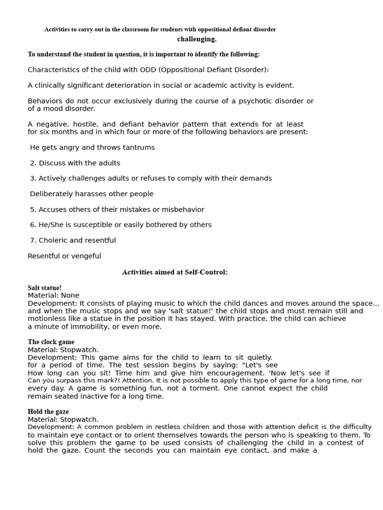 Activities To Perform in The Classroom For Students With Oppositional ...