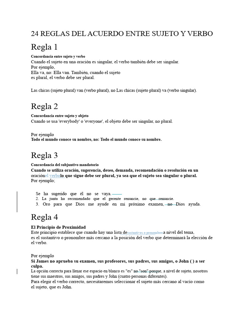 24 Reglas Del Acuerdo Entre Sujeto y Verbo Recurso | PDF | Asunto ...