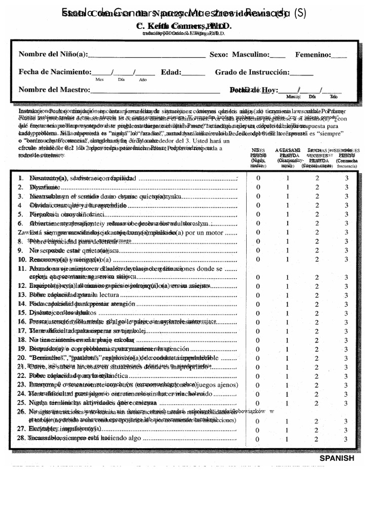 Conners 28 Nauczycieli KRÓTKI DO PRZEKAZANIA | PDF