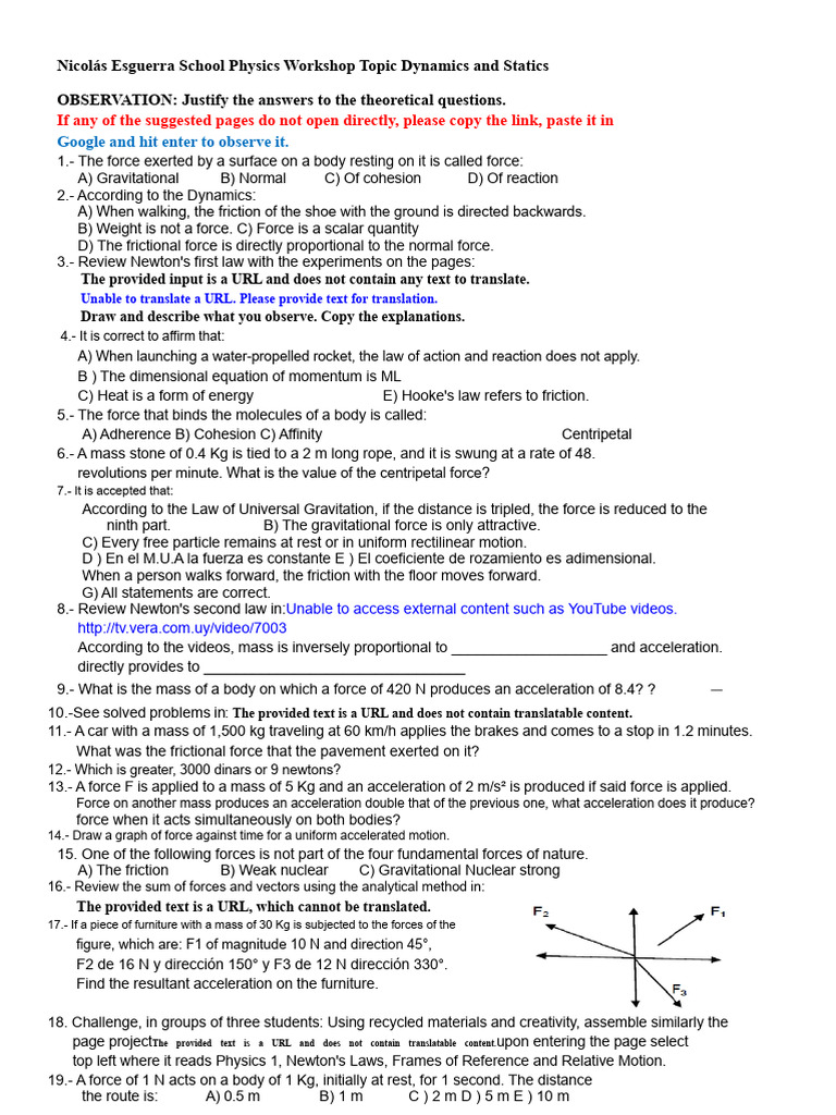 Physics Workshop: Dynamics & Statics Concepts | PDF | Force | Acceleration