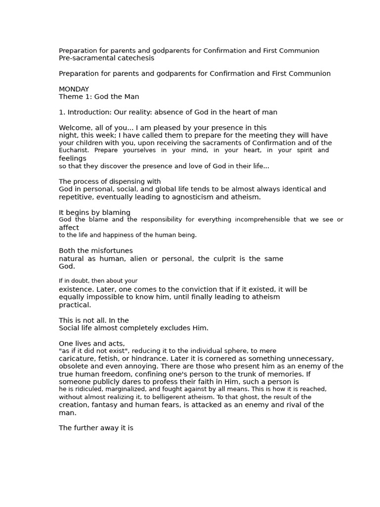Preparation For Parents and Godparents For Confirmation and First Communion | PDF | God The ...