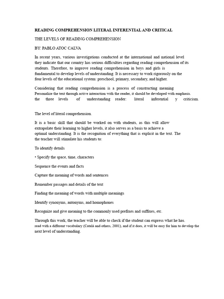 Reading Comprehension Literal Inferential and Critical | PDF | Reading ...