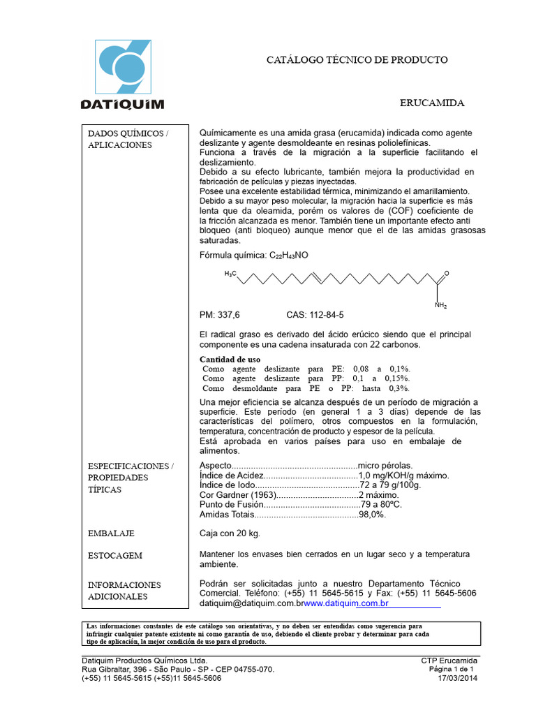 Erucamida: Agente Deslizante y Desmoldeante | PDF | Química | Ciencias ...
