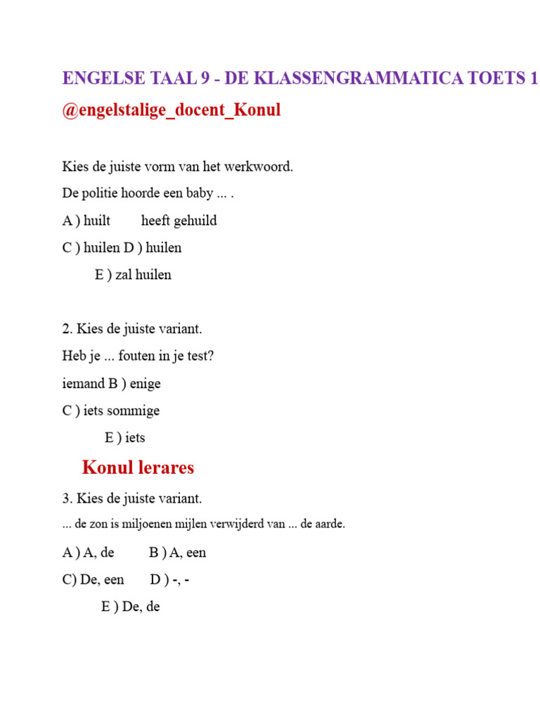 Konul Lerares Engels Taal 9e Klas Grammatica Toets. | PDF