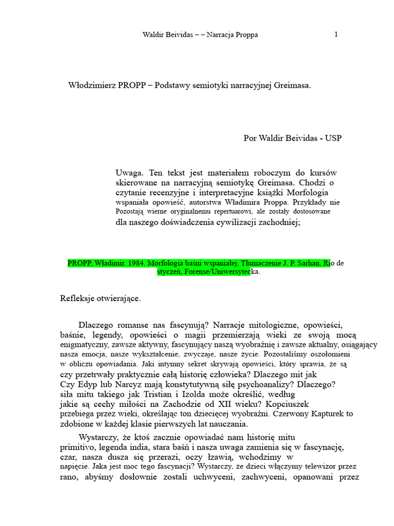 BEIVIDAS - Wladimir Propp, Antecedenty Semiotyki Narracyjnej Greimasa | PDF