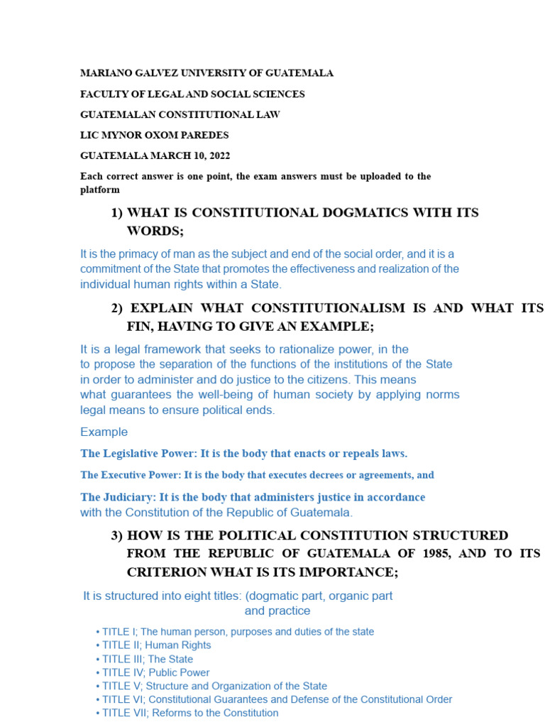 First Partial Exam Guatemalan Constitutional Law A | PDF | Constitution ...
