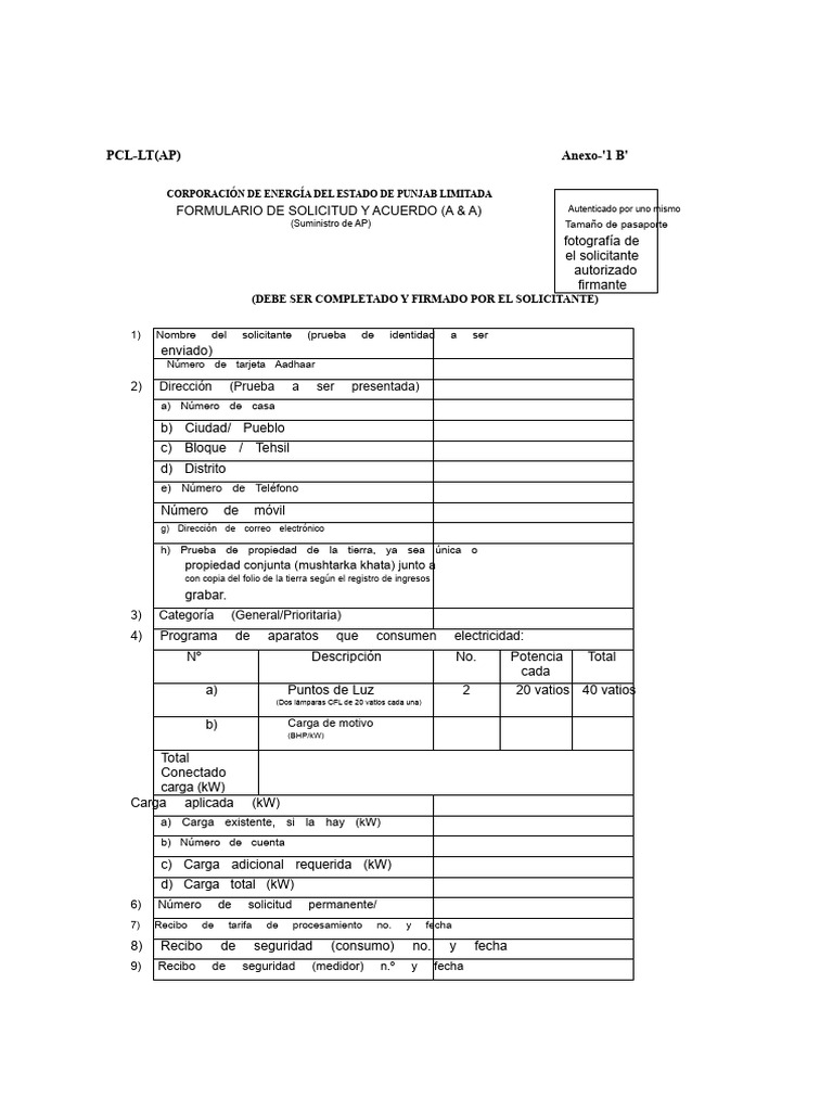 PCL LT - Ap - 1 B Aplicación y Acuerdo - A A - Formulario | PDF | Vatio