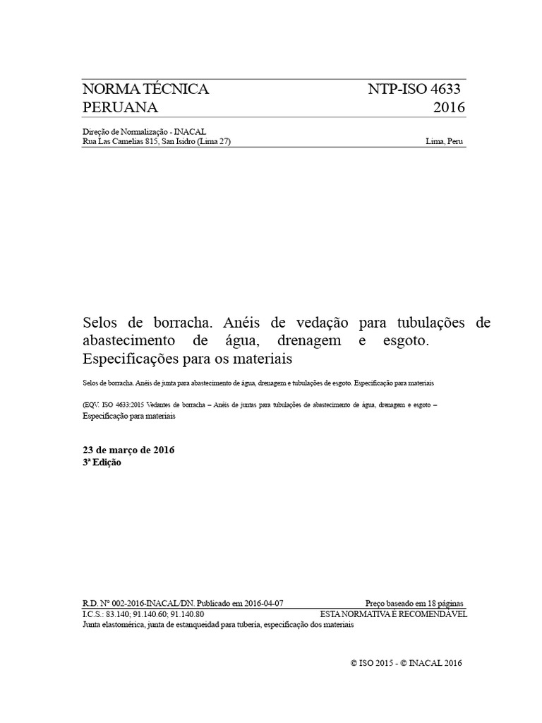 Norma NTP-ISO 4633: Juntas de Borracha | PDF | Dureza | Estresse (Mecânica)
