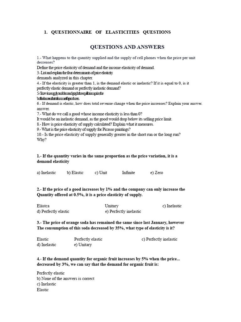 Questionnaire On Demand and Supply Elasticities | PDF | Elasticity ...