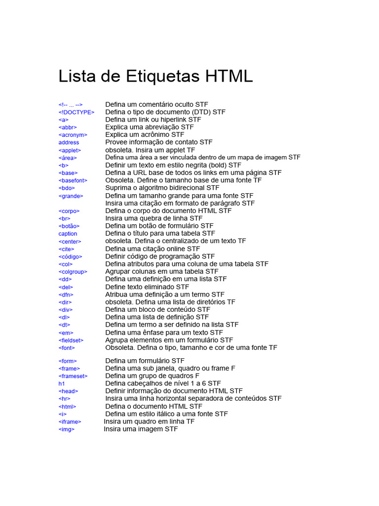 212471653 Lista de Etiquetas HTML | PDF | Html | Engenharia de Software