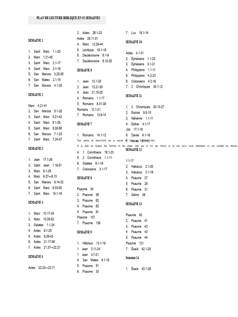 Plan de Lecture Biblique en 52 Semaines | PDF | Jean (apôtre) | Bible