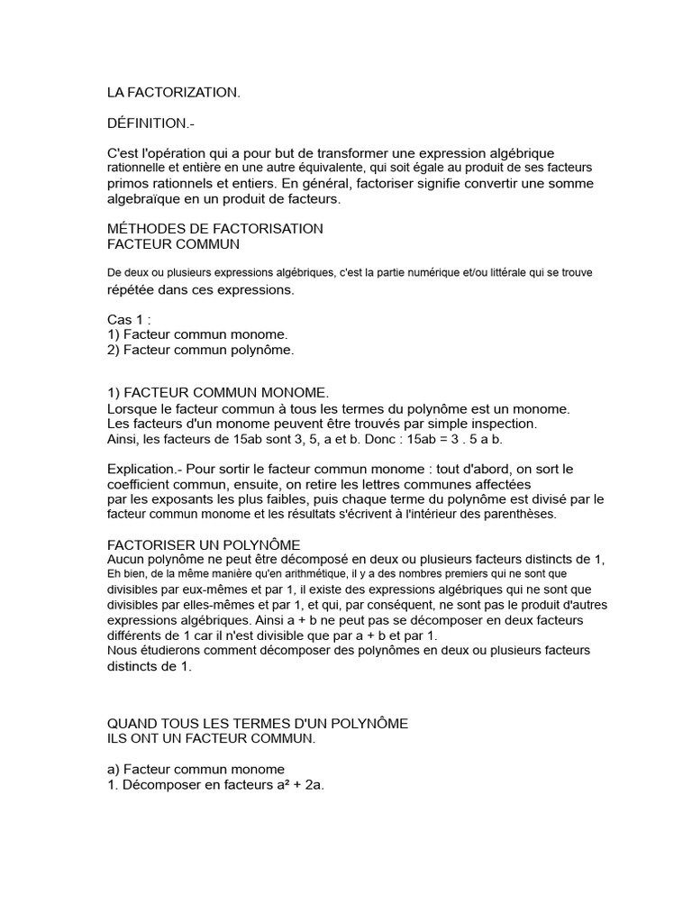 Introduction à la Factorisation Algébrique | PDF | Polynôme | Nombre ...