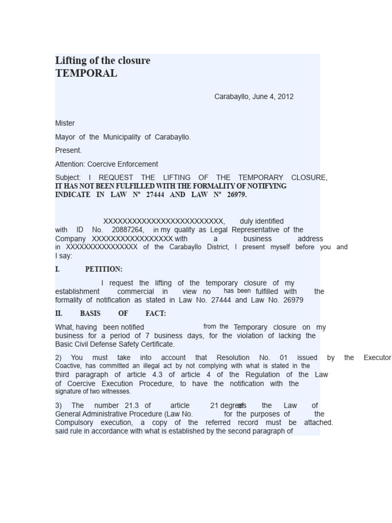 Request to Lift Temporary Closure | PDF | Complaint | Justice